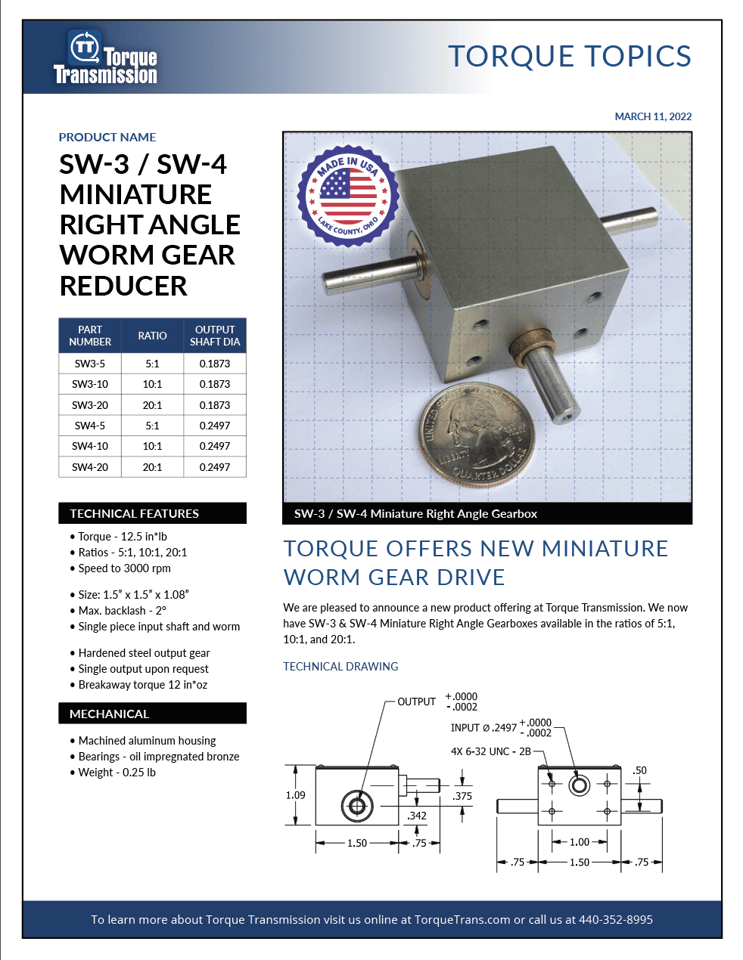 Worm Gear Reducers - SW-3 & SW-4 Miniature Right Angle